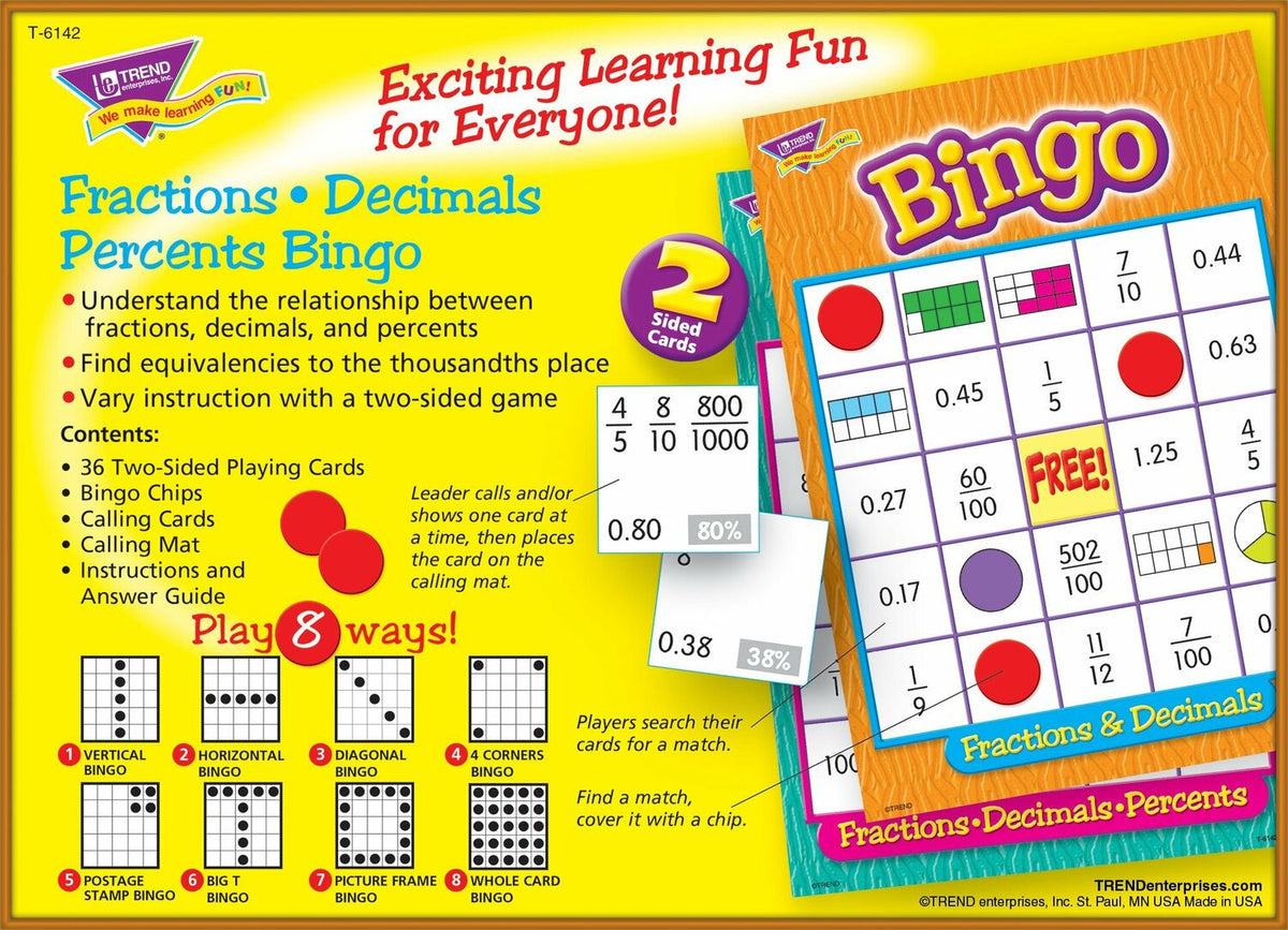 Fractions, Decimals, Percents (2-sided) Bingo Game – School Crossing